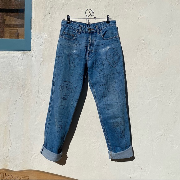Jeans | Vintage Hand Painted Fine Art Face Linework Painting Frontback ...